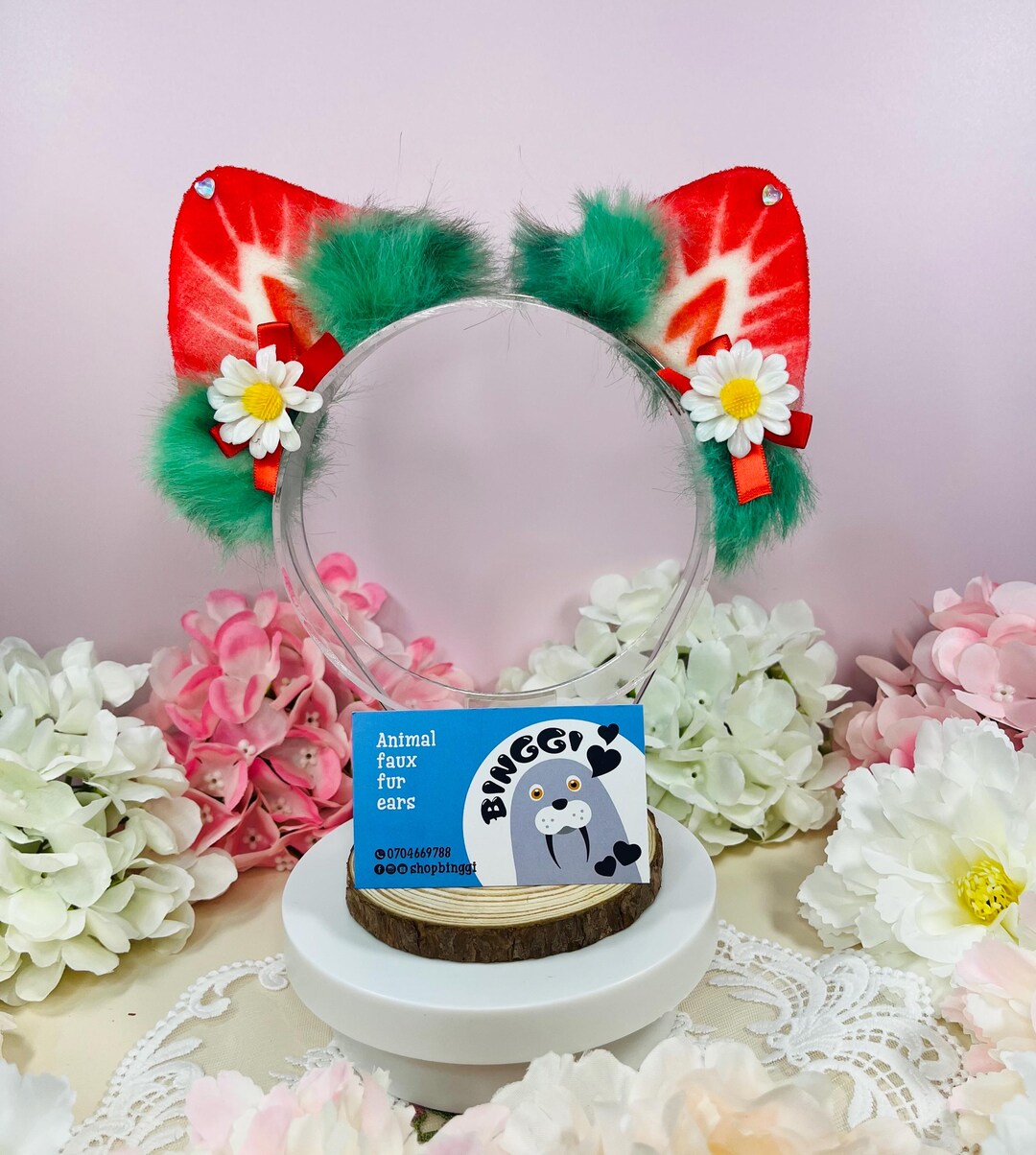 Strawberry Cat Ears With Bows, Faux Fur Ears for Cosplay Halloween and ...