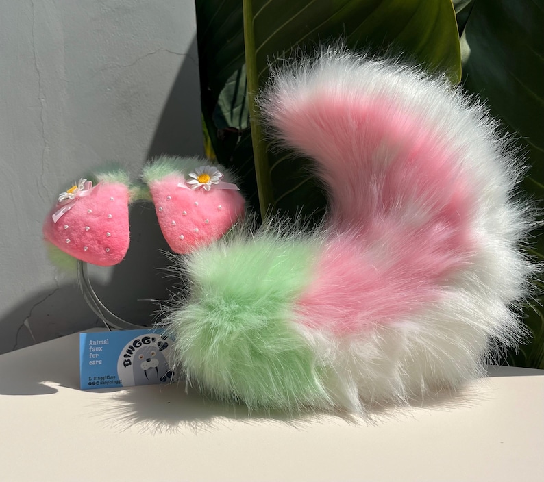 Pastel Strawberry Puppy Ears & Tail Set: Faux Fur Cosplay, Removable ...
