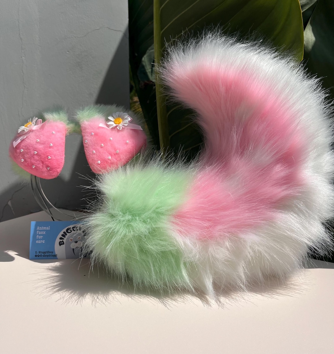 Pastel Strawberry Puppy Ears & Tail Set: Faux Fur Cosplay, Removable ...