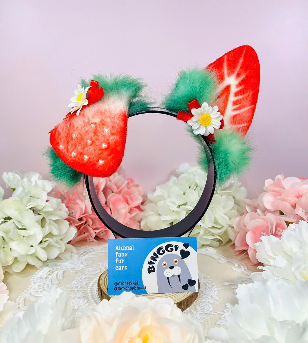 Strawberry Puppy Ears With Bows, Faux Fur Ears for Cosplay Halloween ...