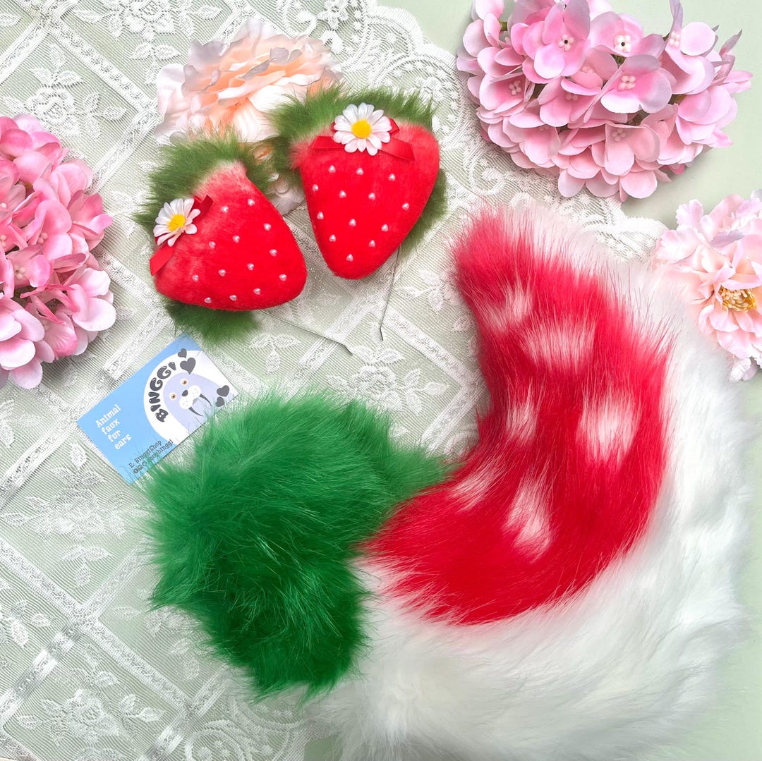 Strawberry Puppy Ears & Tail Set: Faux Fur Cosplay, Removable Bows ...