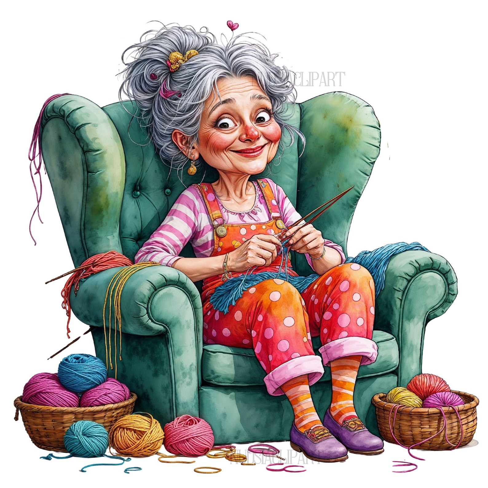 Grandma Knitting Clipart Png, Grandma Sewing Clipart, Quirky Frazzled ...