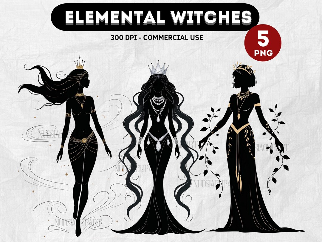 Elemental Black Witch PNG, Fire, Water, Ice, Air Earth Witch Clipart ...