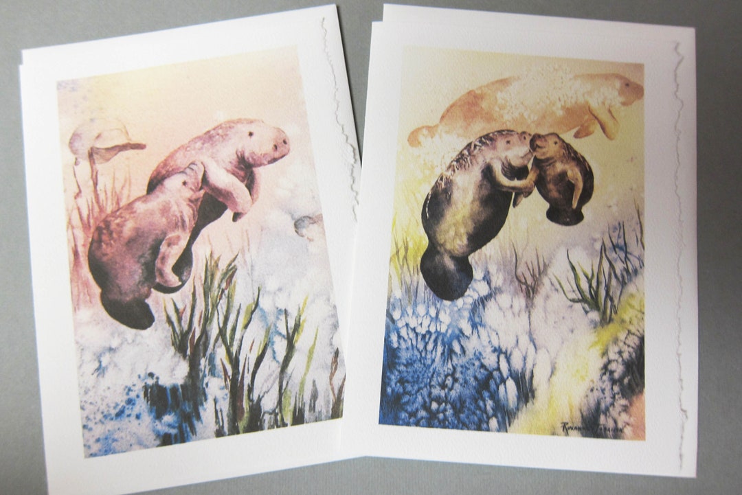 2 Manatee, Note Cards, 5 X 7, Greeting Art Cards, Manatees, Watercolor ...