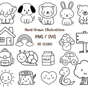 Cute Animal Clipart – 50 Hand Drawn Animal Icons PNG SVG – Kawaii Line ...