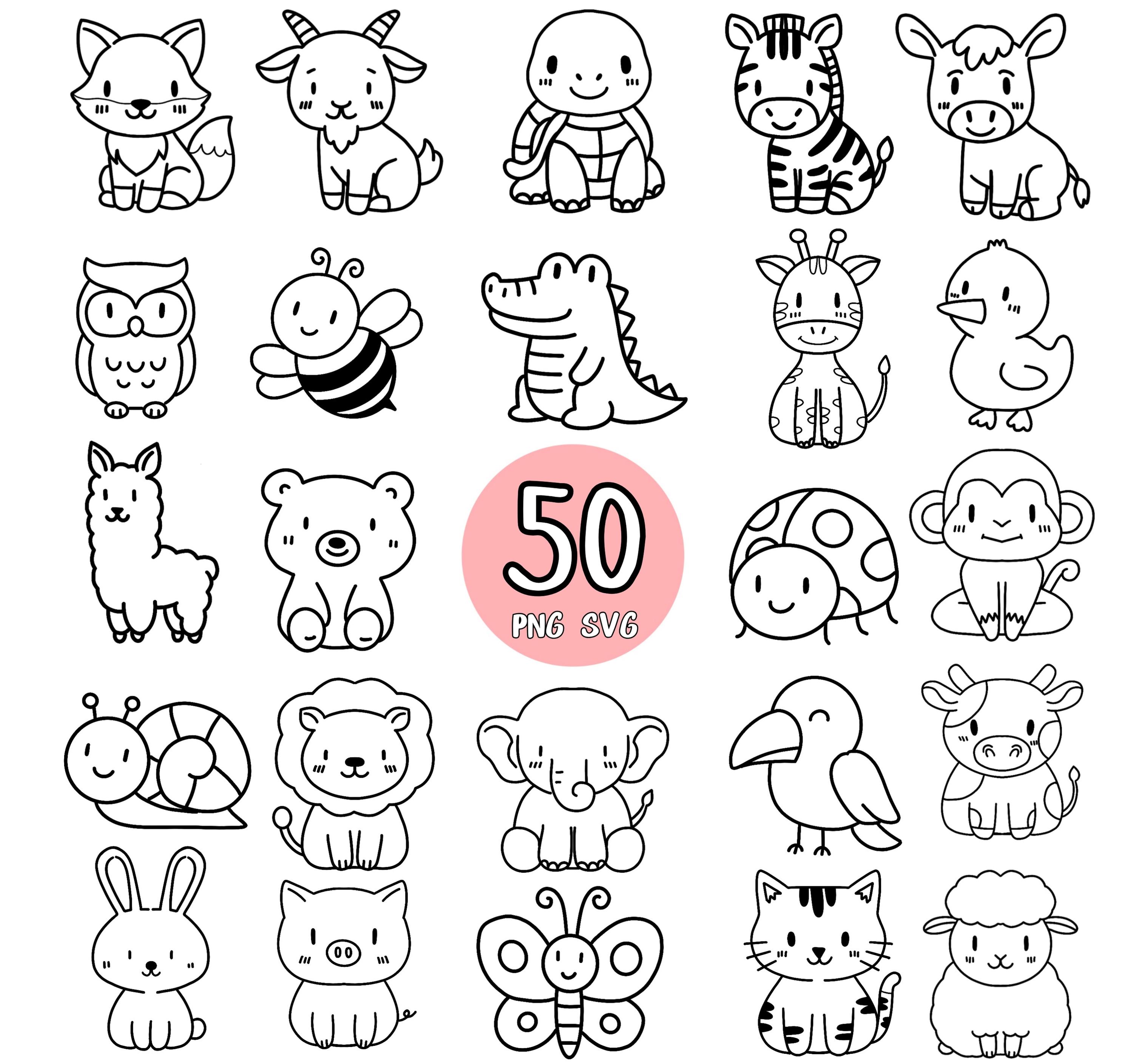 Cute Animal Clipart – 50 Hand Drawn Animal Icons PNG SVG – Kawaii Line ...