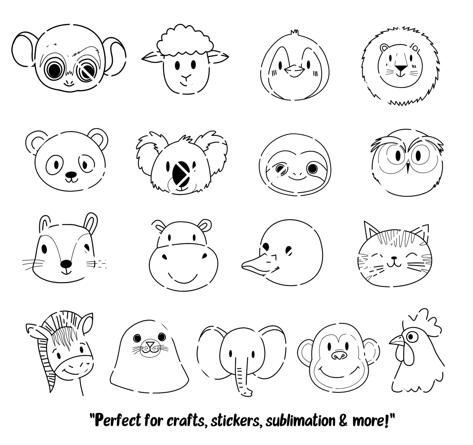 Animal Faces Clipart Bundle: Zoo, Farm, Jungle Line Art (PNG, SVG, EPS ...