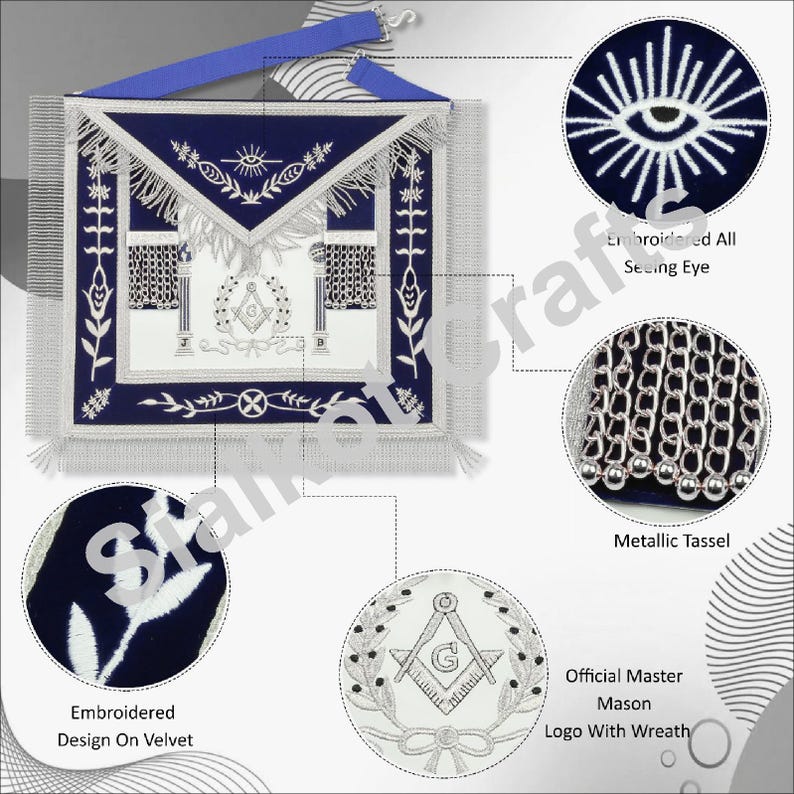 Masonic Master Mason Silver Pillars Embroidered Apron With Chain Collar ...