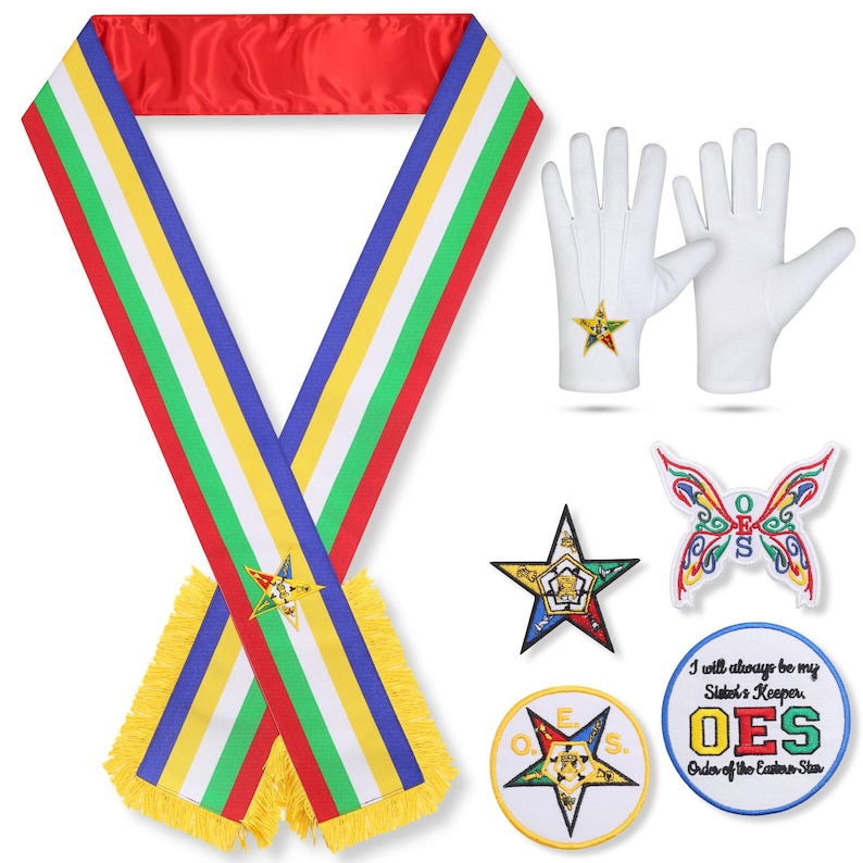Order of Eastern Star Sash Set: Red Satin, Embroidered Gloves & Iron-on ...