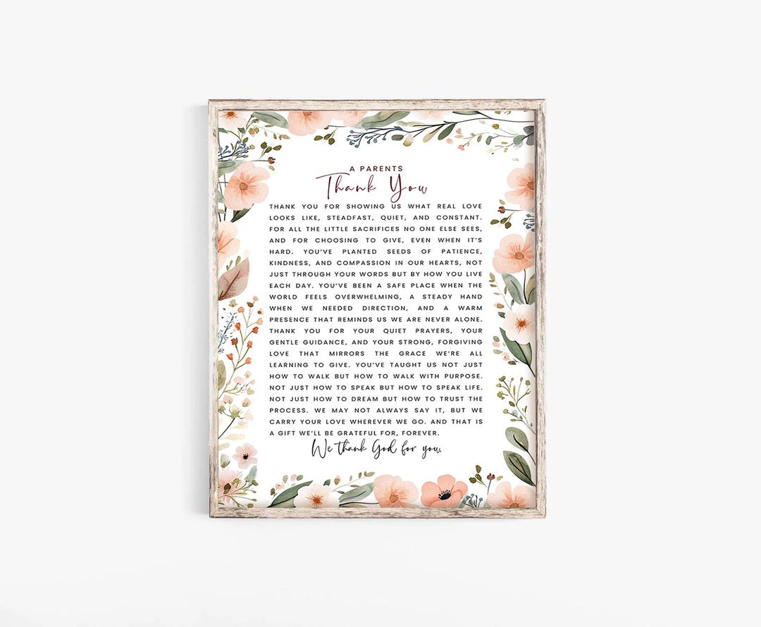 Floral Parents Thank You Letter Printable Wall Art Gift From Children ...