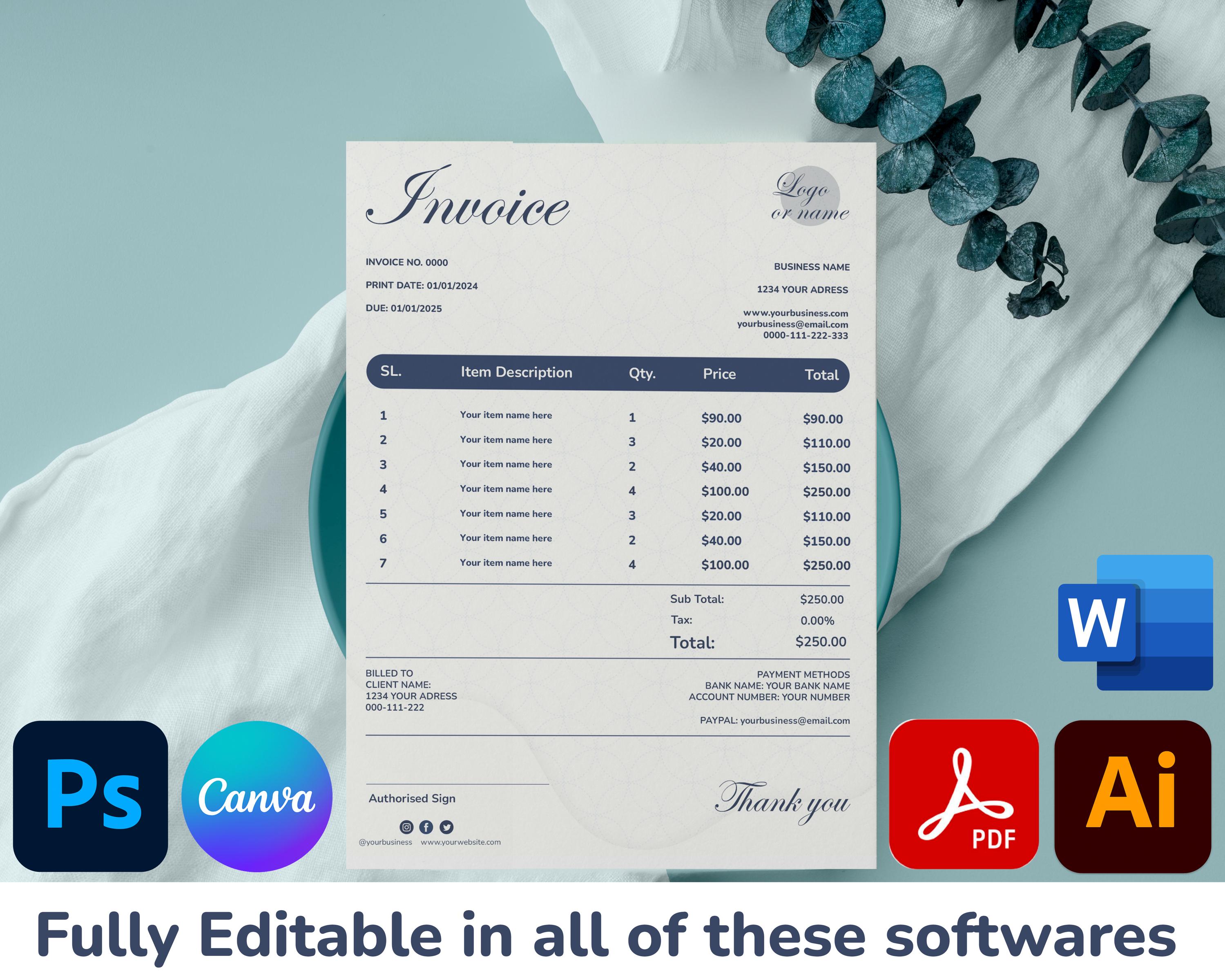 Minimalist Invoice Template, Invoice Editable, Printable Small Business ...
