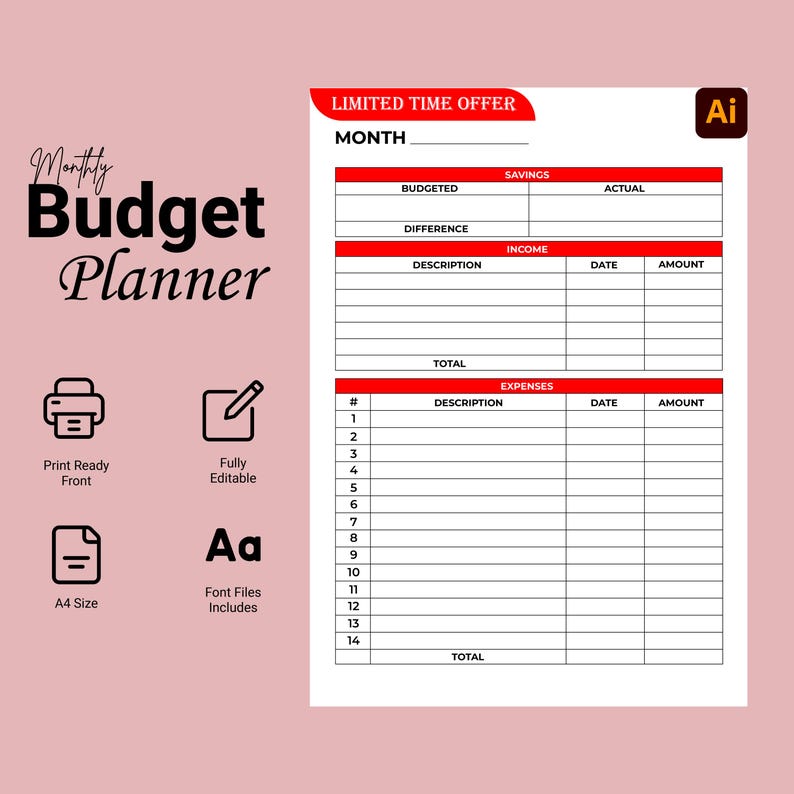 Monthly Budget Planner Printable | A4 Red Theme | Income & Expense ...
