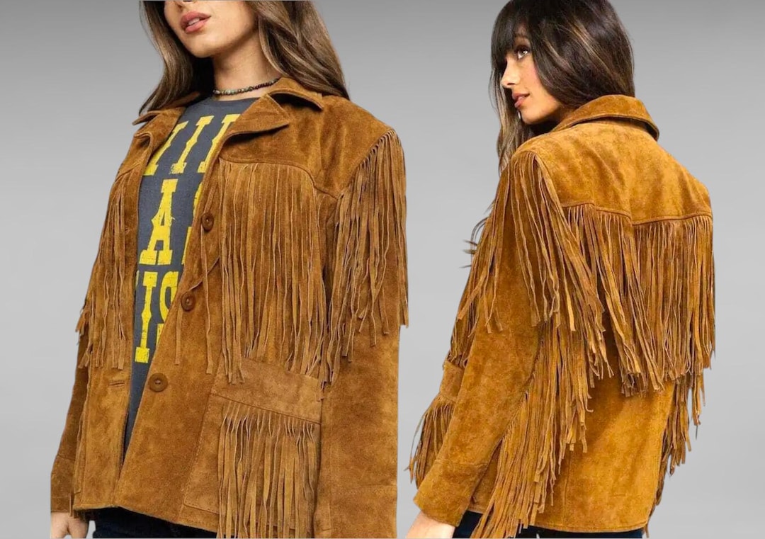 Women's Western Tan Brown Suede Leather Wear Fringe Vintage Coat Jacket ...