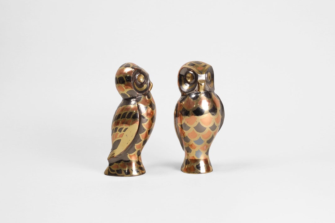 Pair of Vintage Mixed Metal Owls | Two Art Deco Inspired Vintage Hand ...
