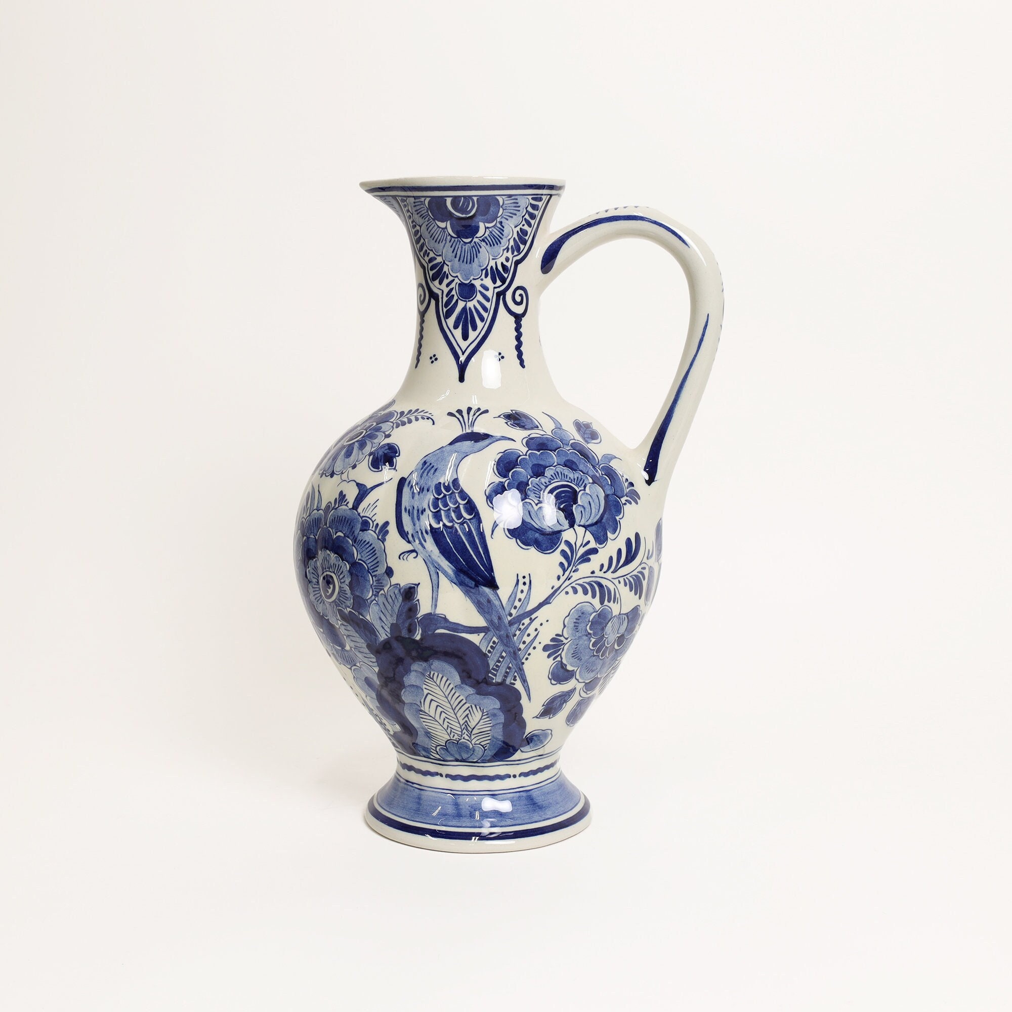 Delft Handpainted Blue and White Pitcher Vase Chinoiserie Peacock and ...