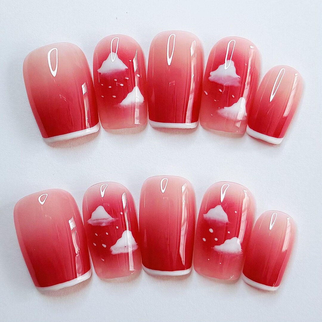 Cloudberry Dream Pink Ombre Press on Nails With White Cloud Design ...