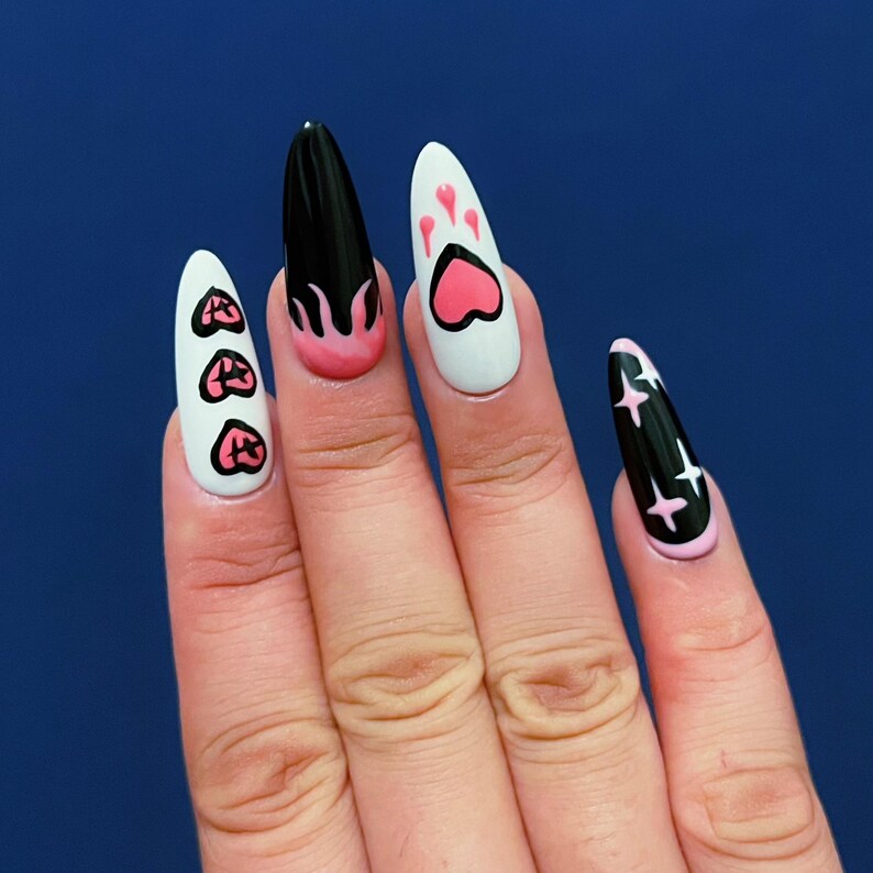 Y2K Press on Nails 3D Pink Black Drip Heart Coffin Nails Set - Etsy
