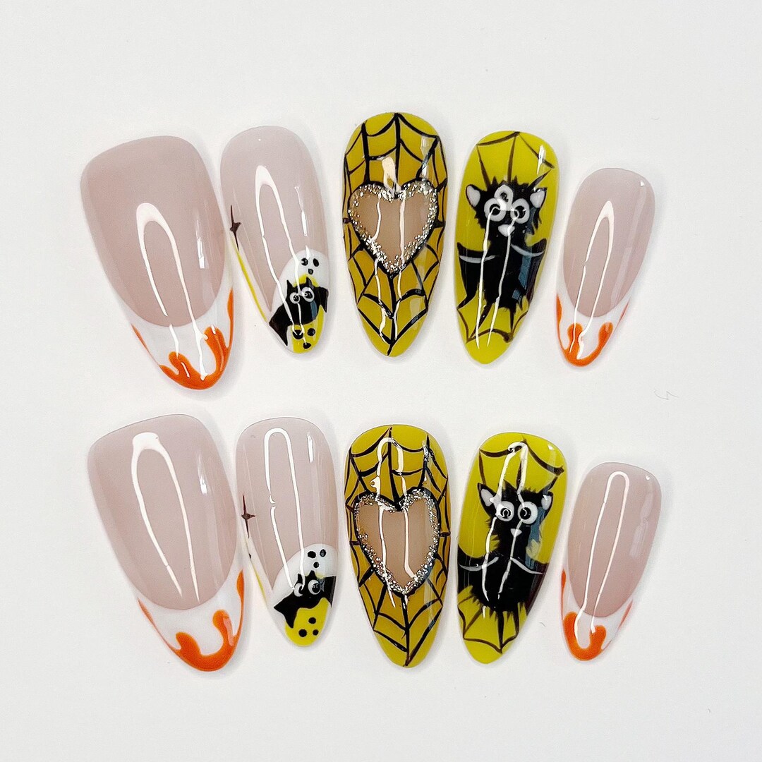 Webbed Whimsy – Black Cats, Spiders & Yellow Spiderweb Halloween Nails ...