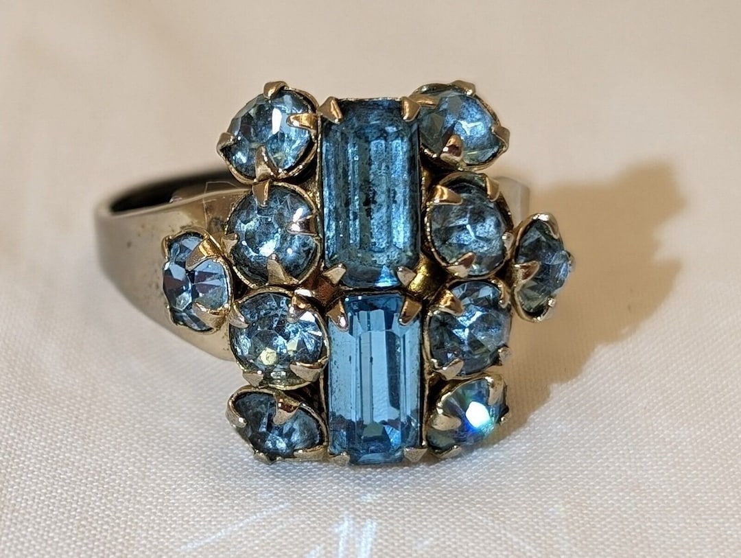 Vintage MCM Sterling Silver Shank Blue Rhinestone Cocktail Ring ...
