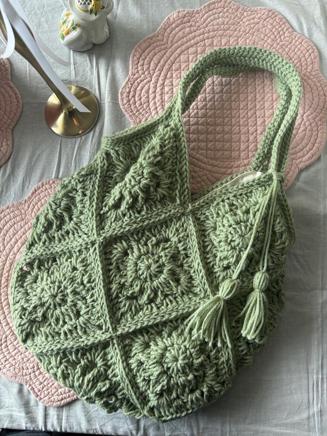 Daisy Granny Square Bag in Sage Green With Tassel and Fabric Lining - Etsy