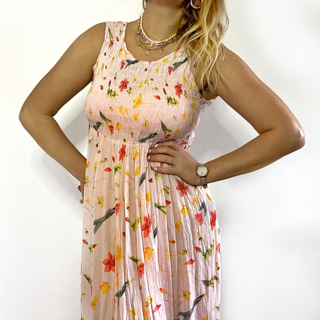 Vintage Shirred Long Summer Dress // Pastel Peach Floral Beach Dress ...