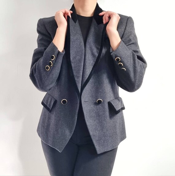 Vintage BASLER Grey Ladies Blazer With Black Velvet T… - Gem