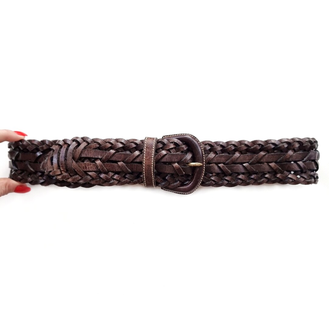 Vintage Dark Brown Woven Leather Belt | Wide Braided Belt | Small ...