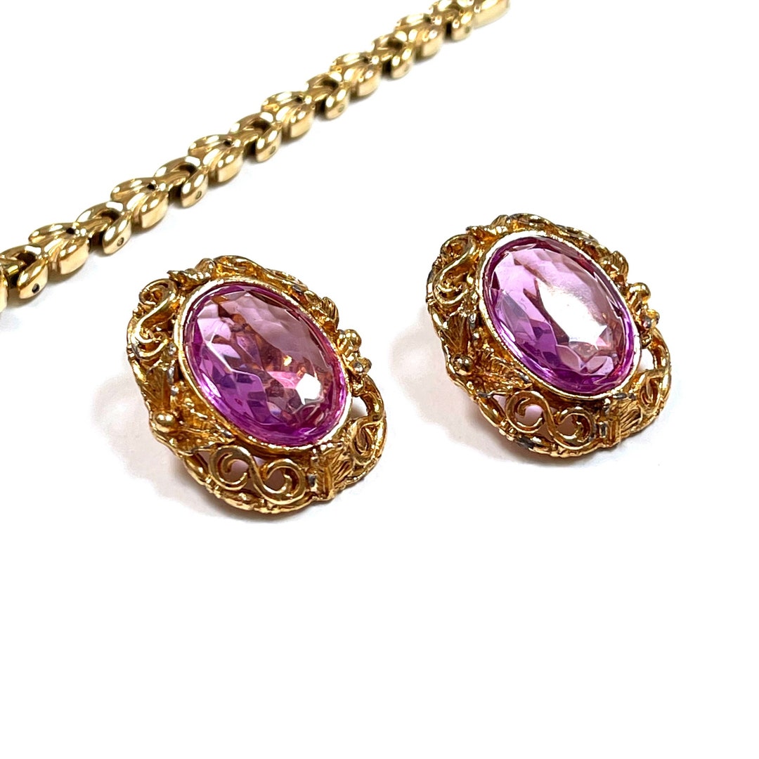 80s Vintage Frank Usher Gold & Lilac Jewel Clip-ons | Large Purple ...