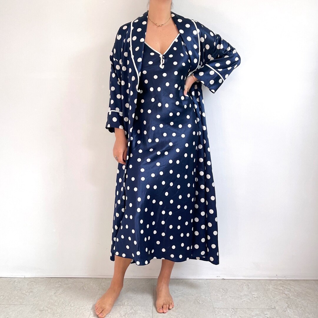 Vintage Satin House Coat & Slip Nightie Set in Navy White Polka Dot ...