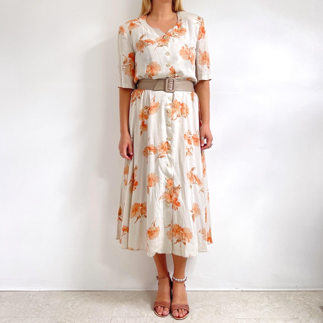 Vintage Long Neutral Floral Dress in Beige & Orange by Fink Modell ...
