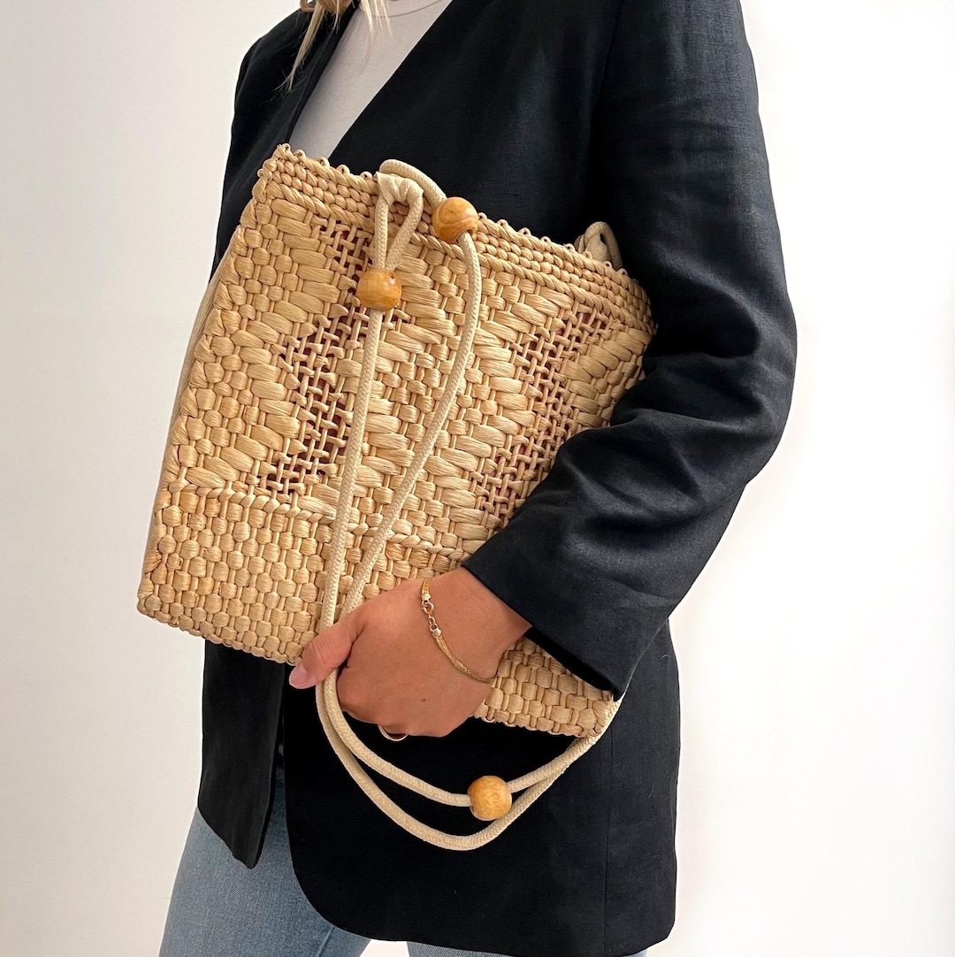 Vintage Woven Straw Shoulder Bag | Natural Grass Summer Tote W Rope ...