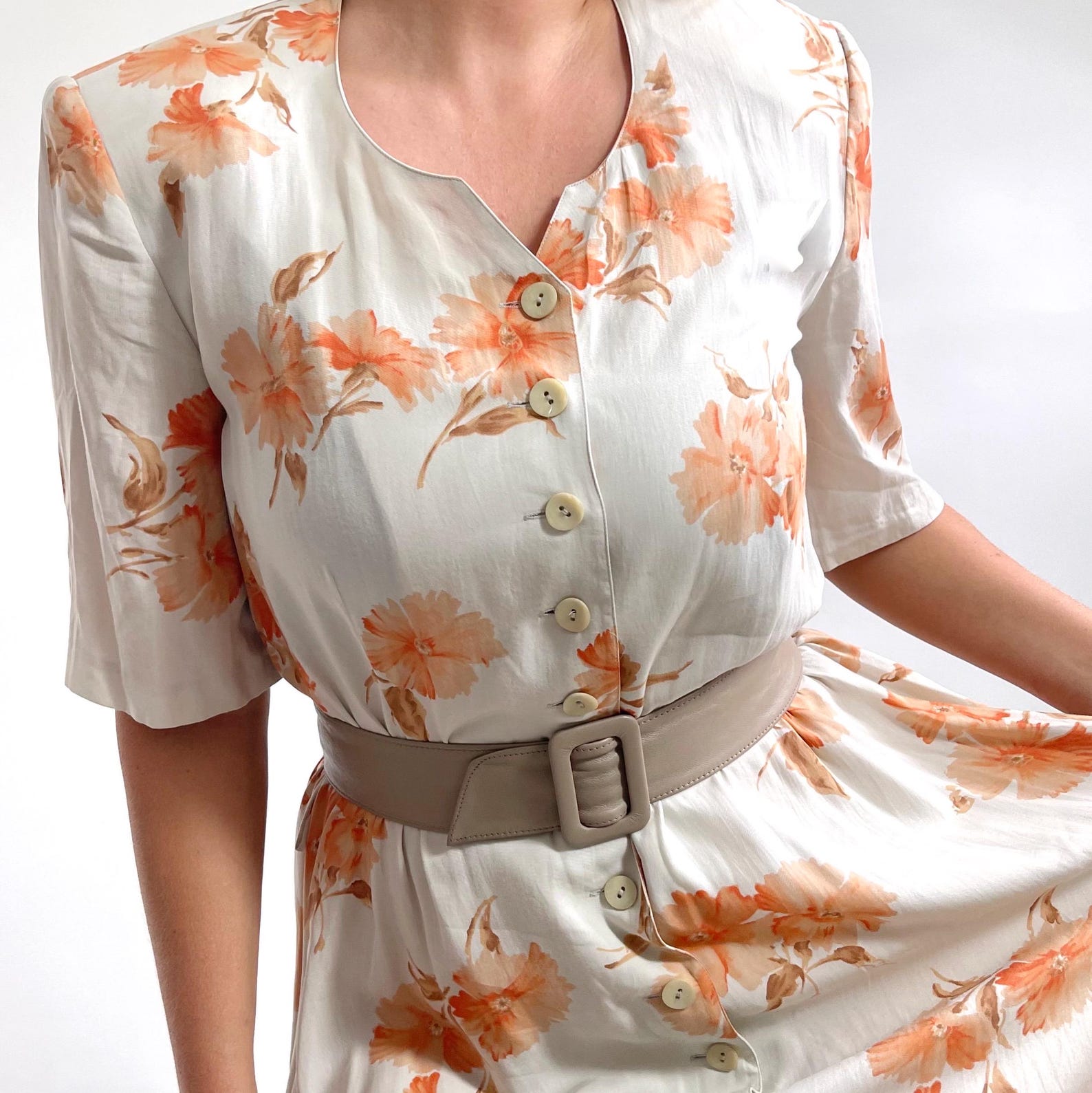 Vintage Long Neutral Floral Dress in Beige & Orange by Fink Modell ...
