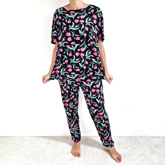 80’s St. Michael Bright Tulip Print Jersey Pyjamas Se… - Gem