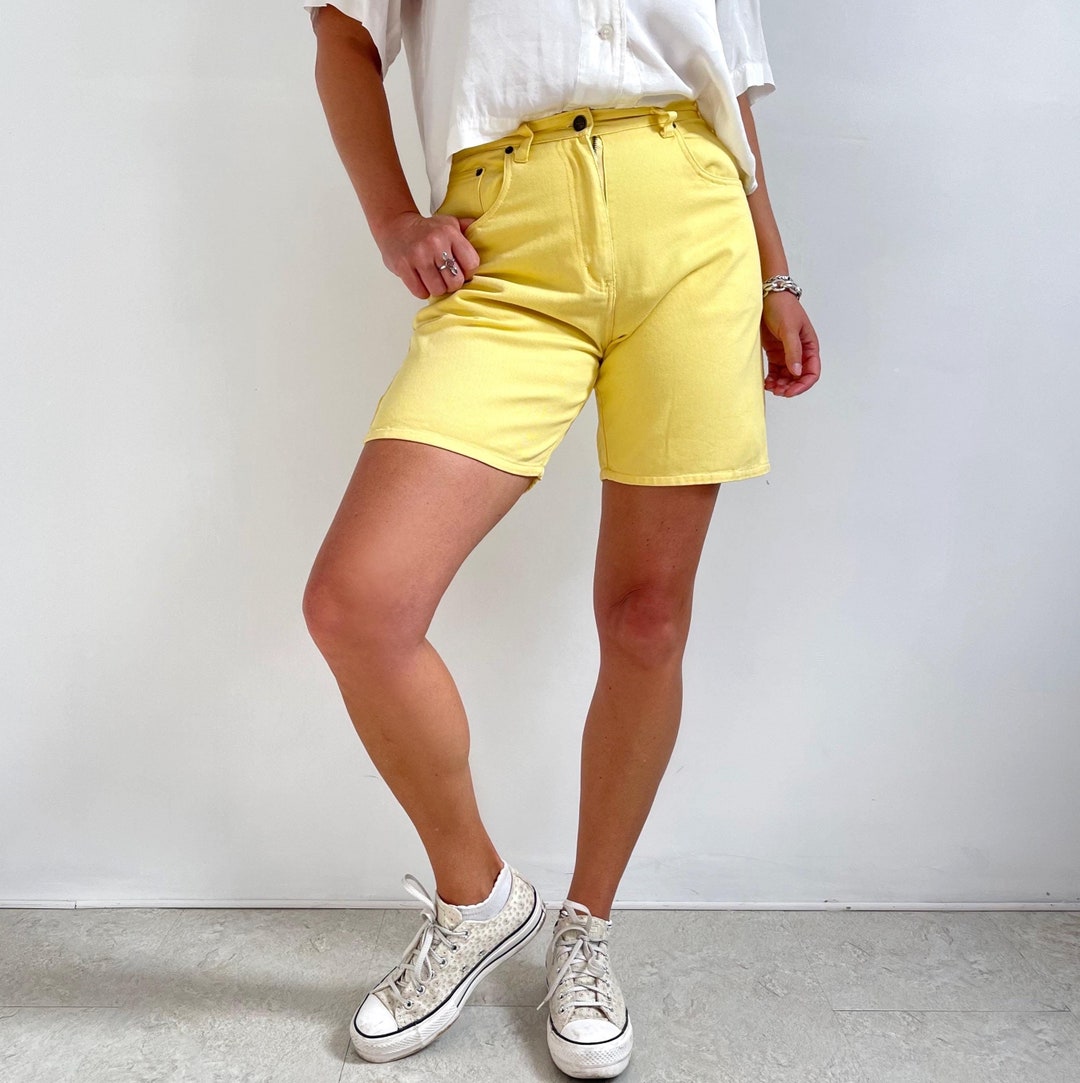 Vintage Yellow Denim Midi Shorts | Ladies Bright Jean Bermuda Shorts ...
