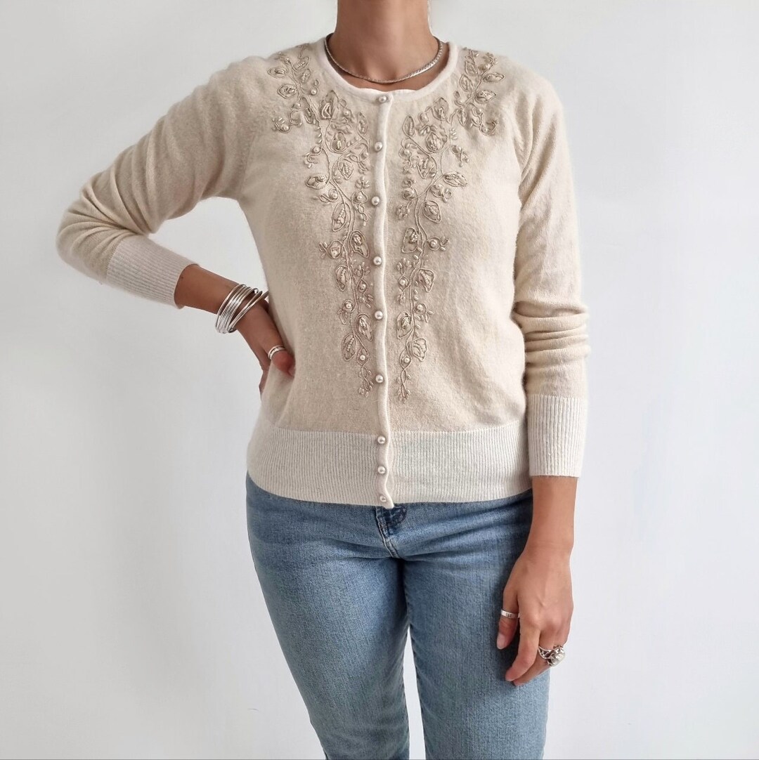 Vintage Cream Angora Wool Bead & Ribbon Embroidery Cardigan - Etsy