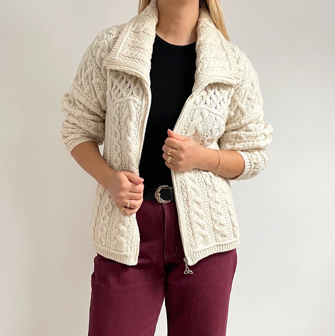 Vintage Irish Aran Knit Wool Cardigan W High Collar | Natural Cream ...