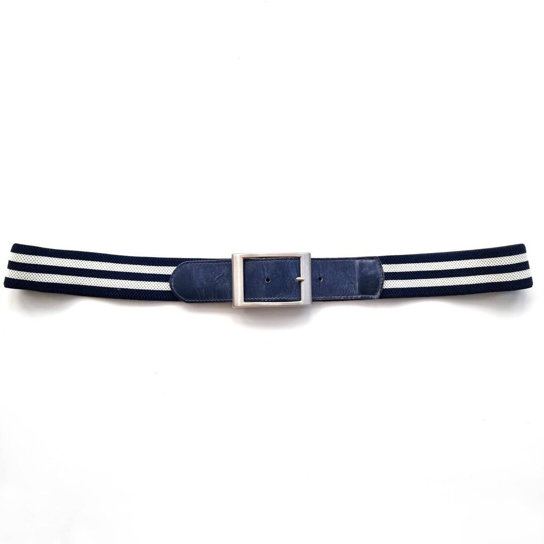 Vintage St. Michael Navy & White Stripe Belt // Elasticated Leather ...