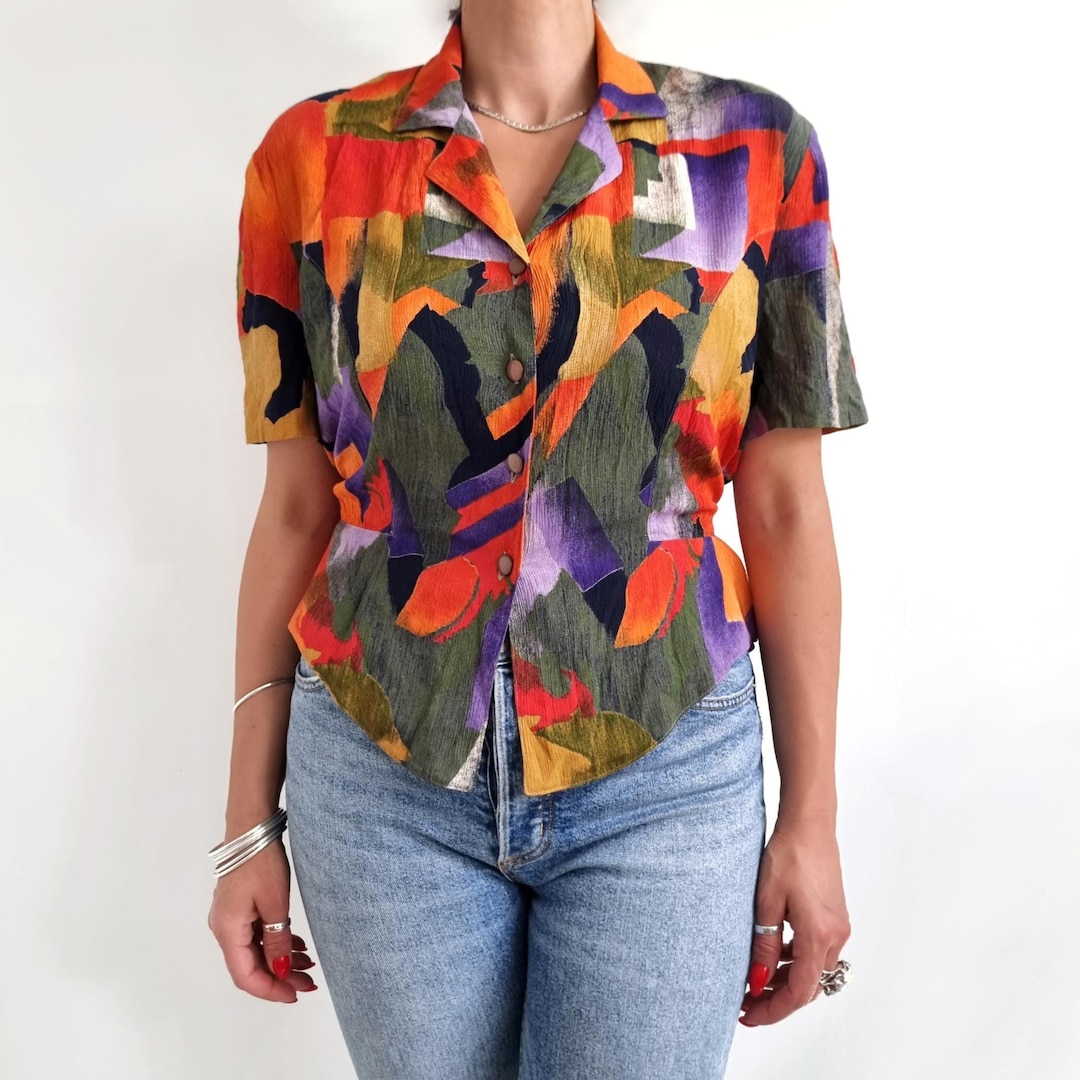 Vintage Bright Abstract Art Print Blouse in Bold Colours | Short Sleeve ...