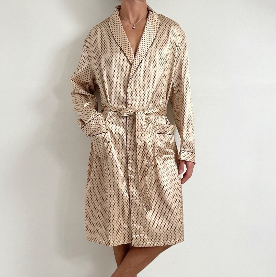 Vintage Mens Dressing Robe Cream & Brown Satin Smoking Jacket Medium ...