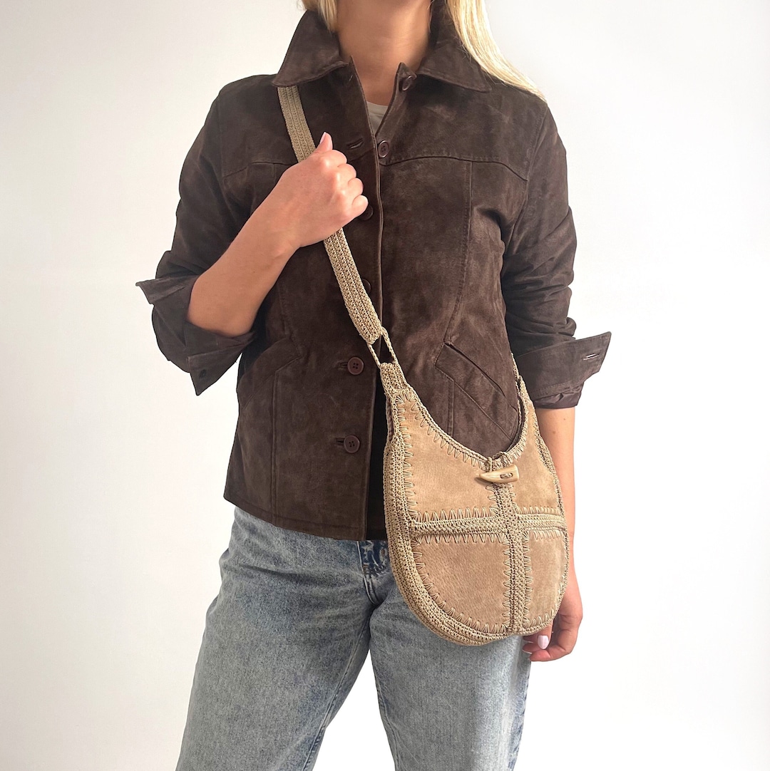 Vintage Beige Suede Patchwork Bag W Crochet Detail & Crossbody Strap ...