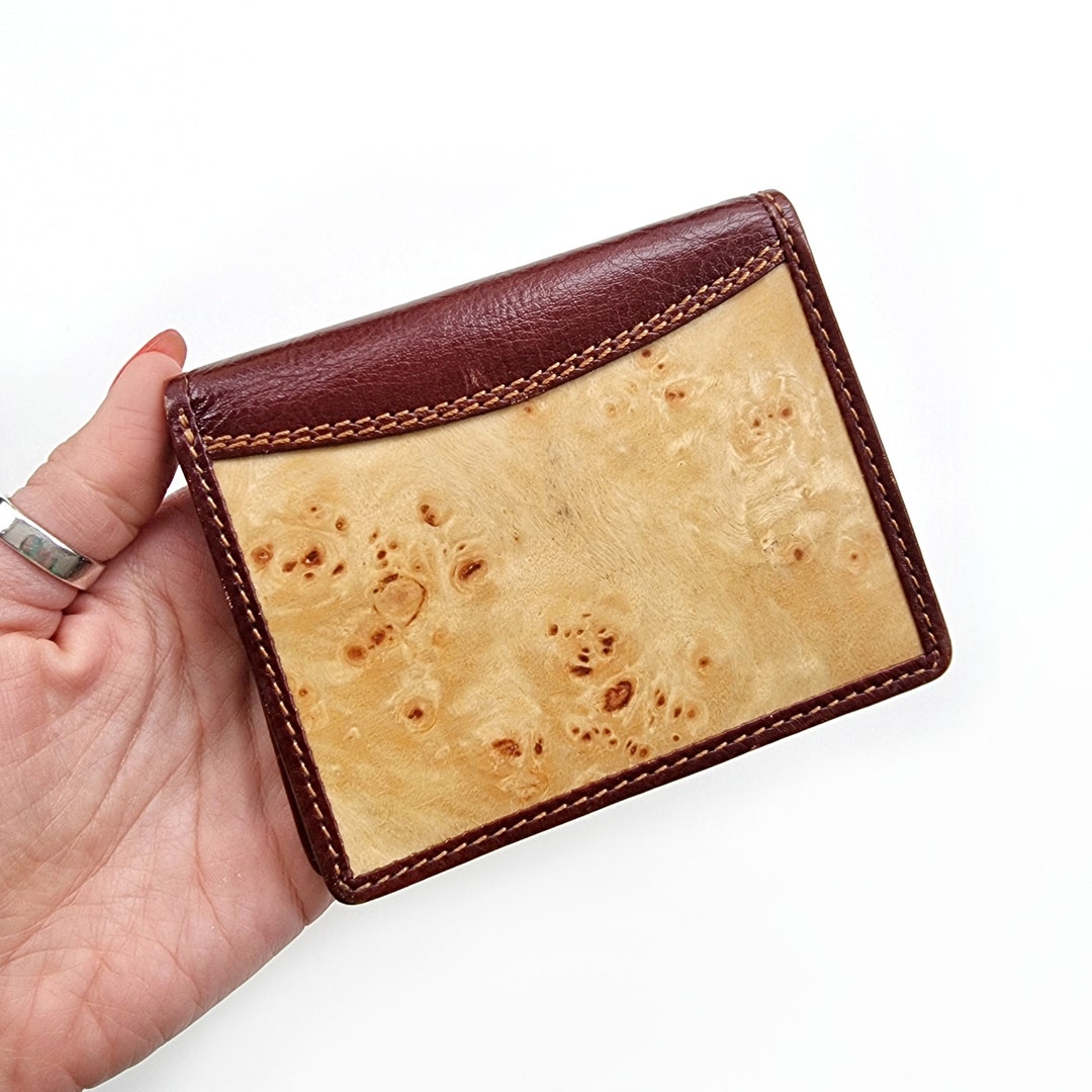 Vintage Men’s Dark Brown Leather Wallet W Wood Detail | Fold Out Wallet ...