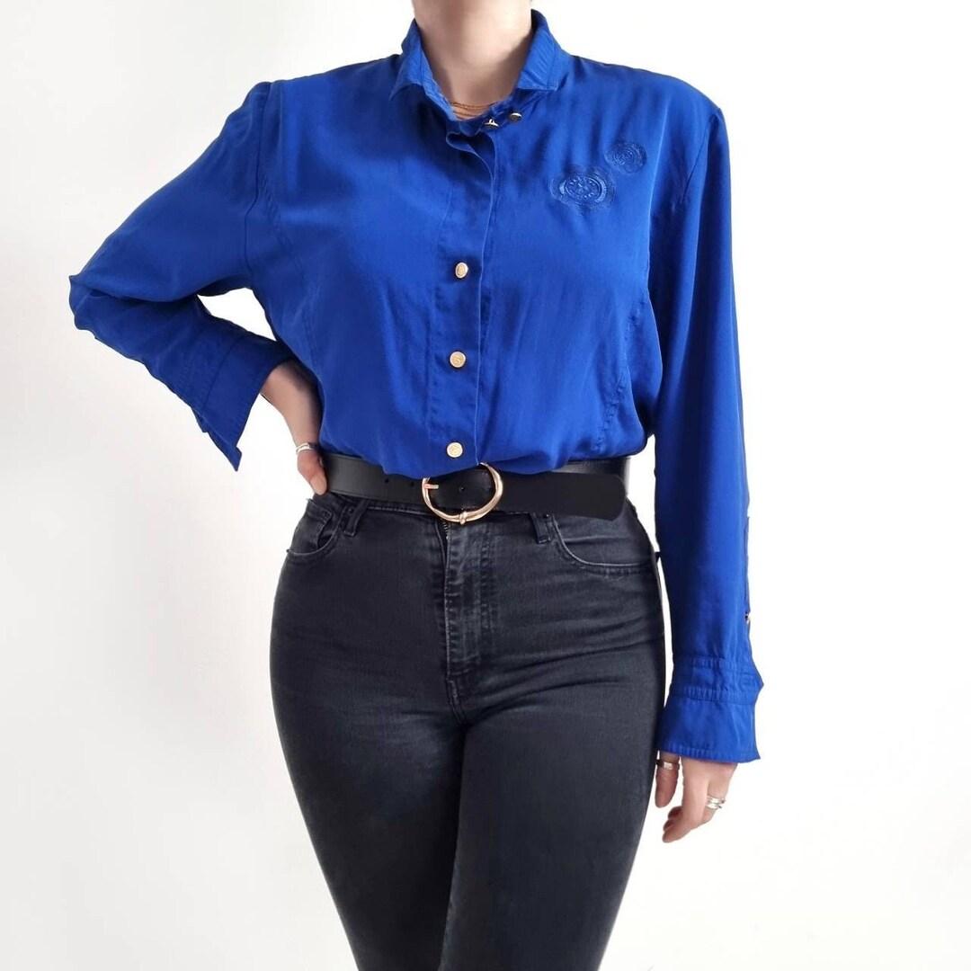 Vintage Pure Silk Royal Blue Blouse | Long Sleeve Ladies Shirt W Gold ...