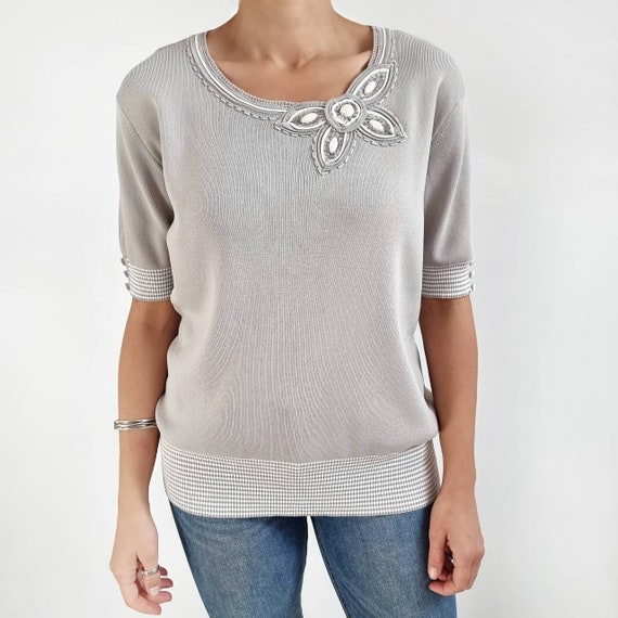 80's Vintage Embellished Grey & White Blouse // Short… - Gem
