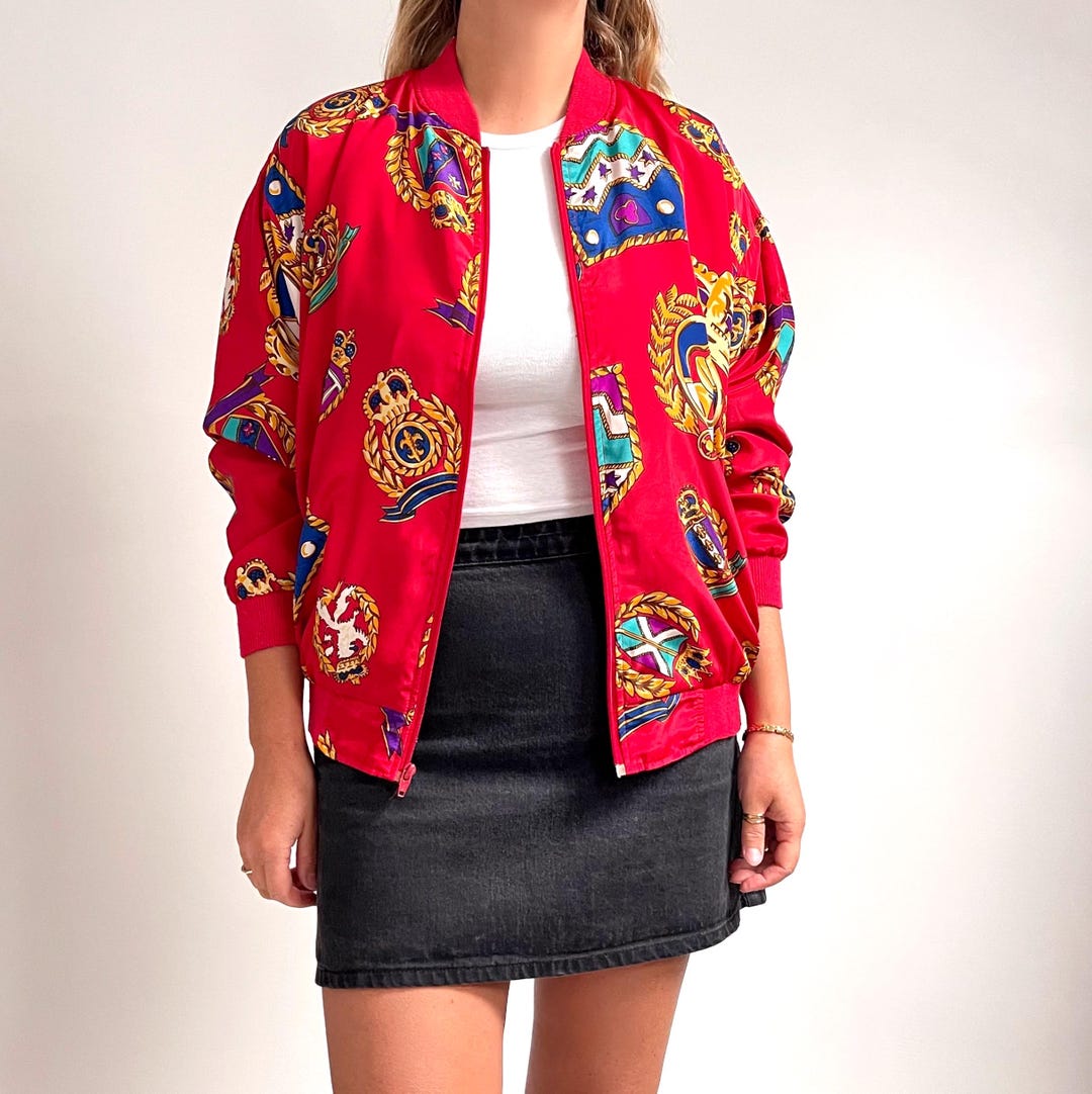 80s Vintage Red Print Bomber W Gold Motifs & Crests | Lightweight ...