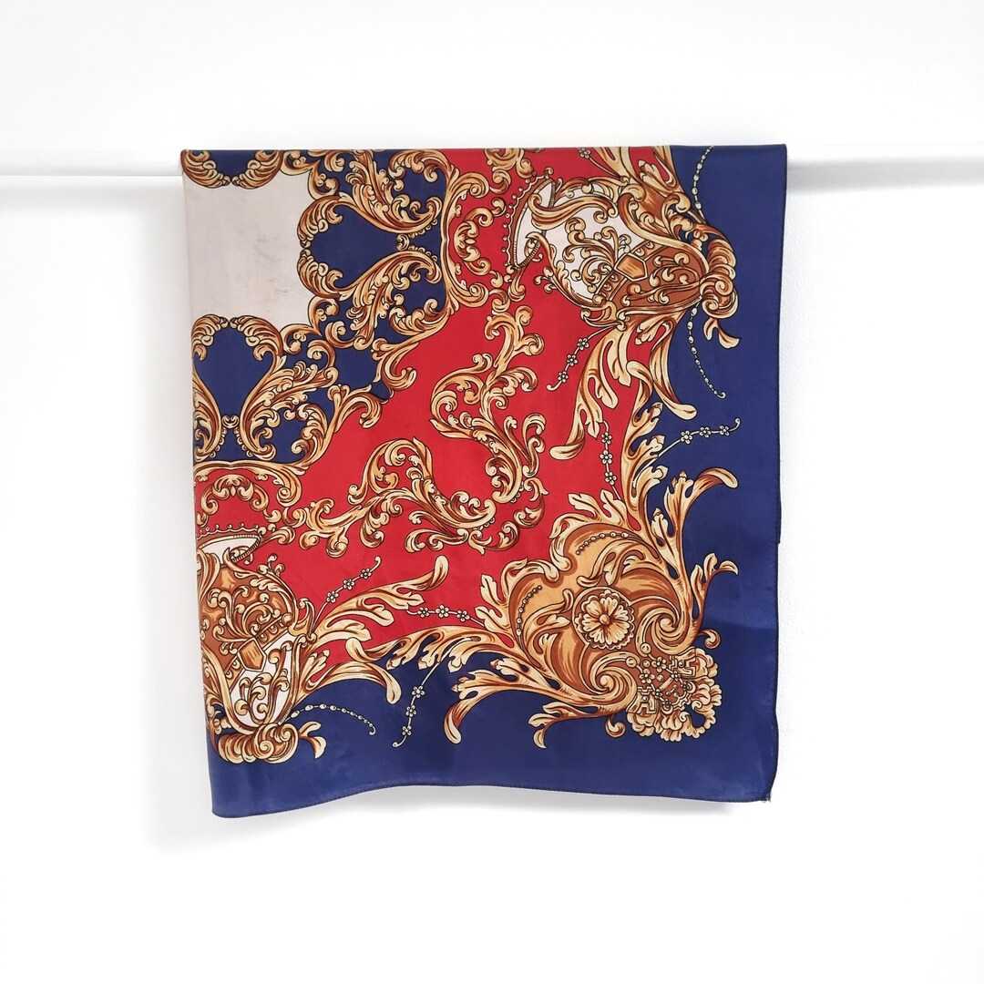 Vintage Navy, Red & Gold Scarf With Ornamental Print - Etsy