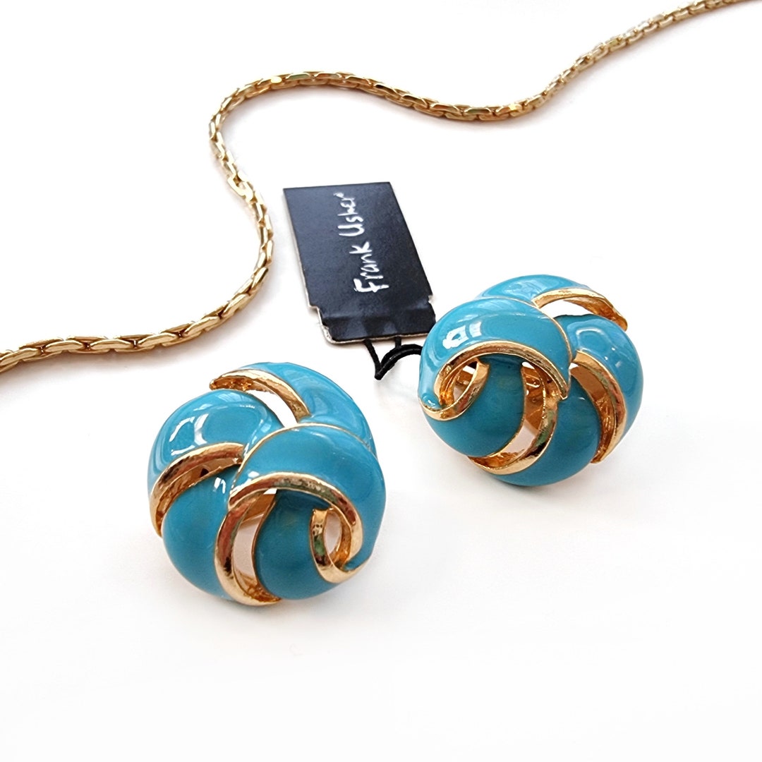 Vintage Frank Usher Gold & Sky Blue Enamel Clip Earrings | Swirl Design ...