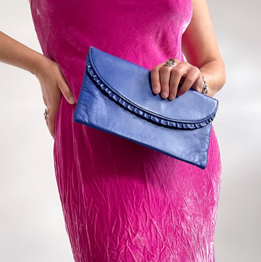 Vintage Royal Blue Leather Envelope Clutch Bag W Frilly Detail | Small ...