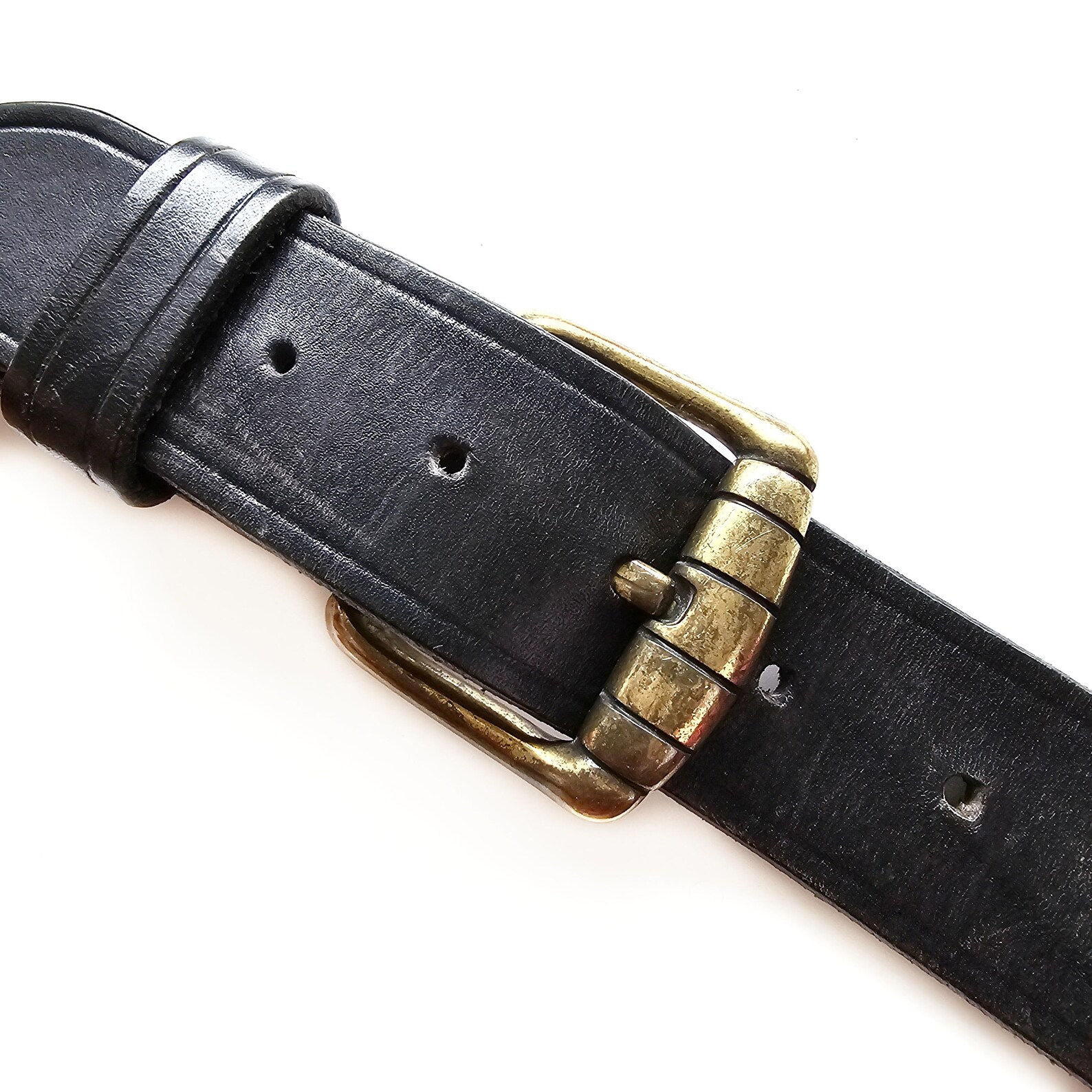 Vintage Black Leather Belt With Chunky Brass Buckle | Small - Medium - Etsy