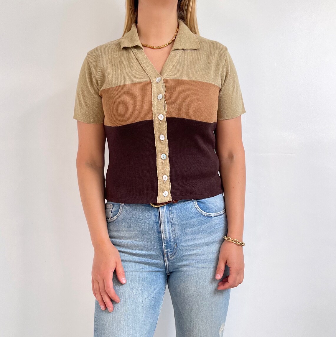 90s NEW Vintage Brown Stripes Zip-up Knit Top | Ladies Short Sleeve ...