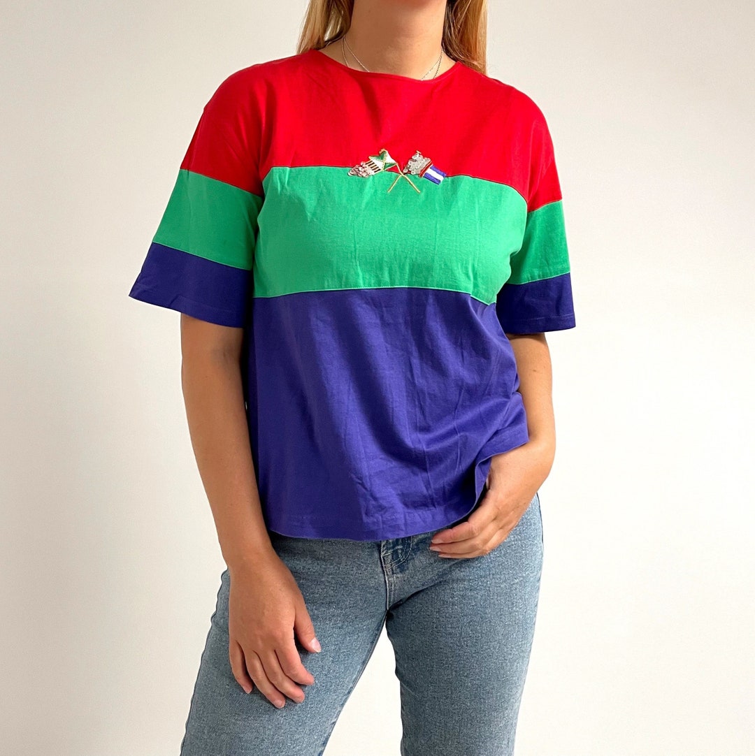 90's Vintage Embellished Flag T-shirt // Green, Red, Purple Colour ...